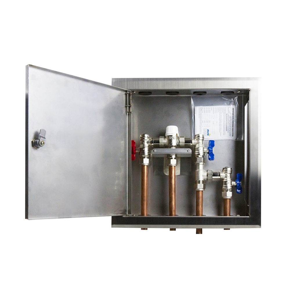 AVG Thermostatic Mixing Valve 20mm Plumbed in SS Recessed Wall Box - c ...